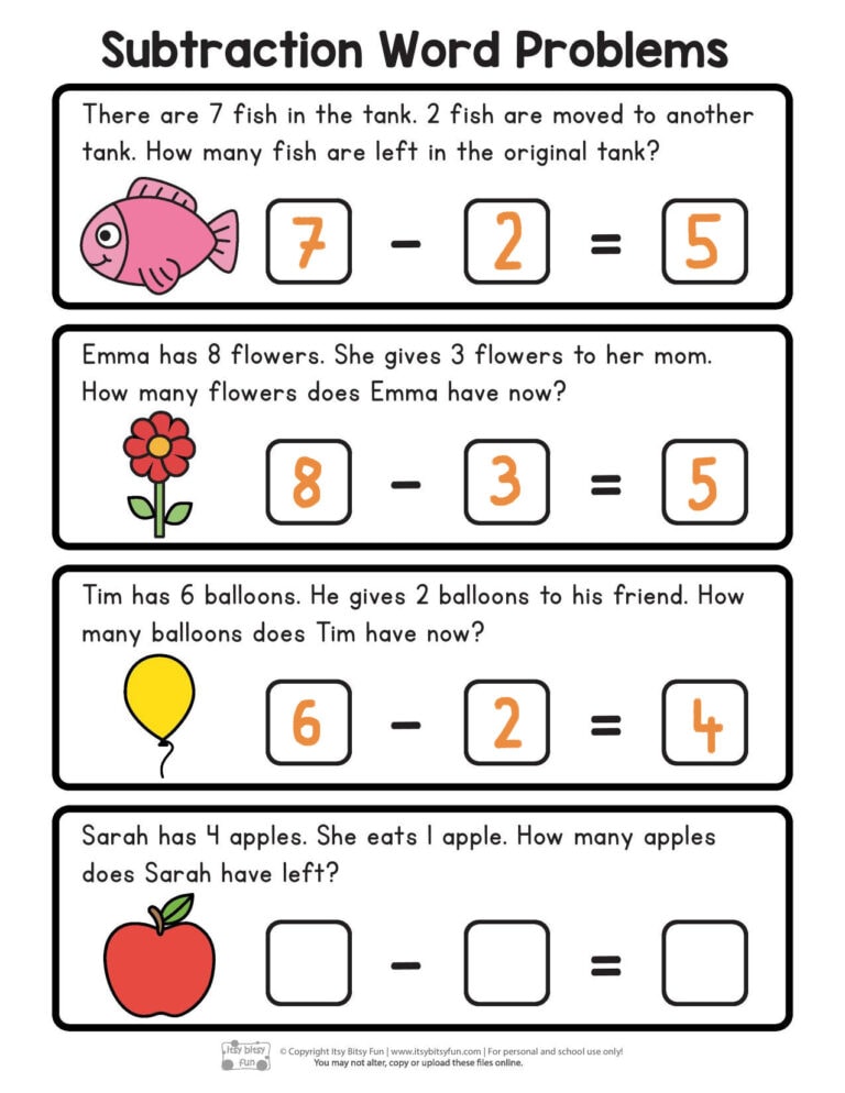 Free Printable Subtraction Word Problems Worksheets for Kindergarten ...