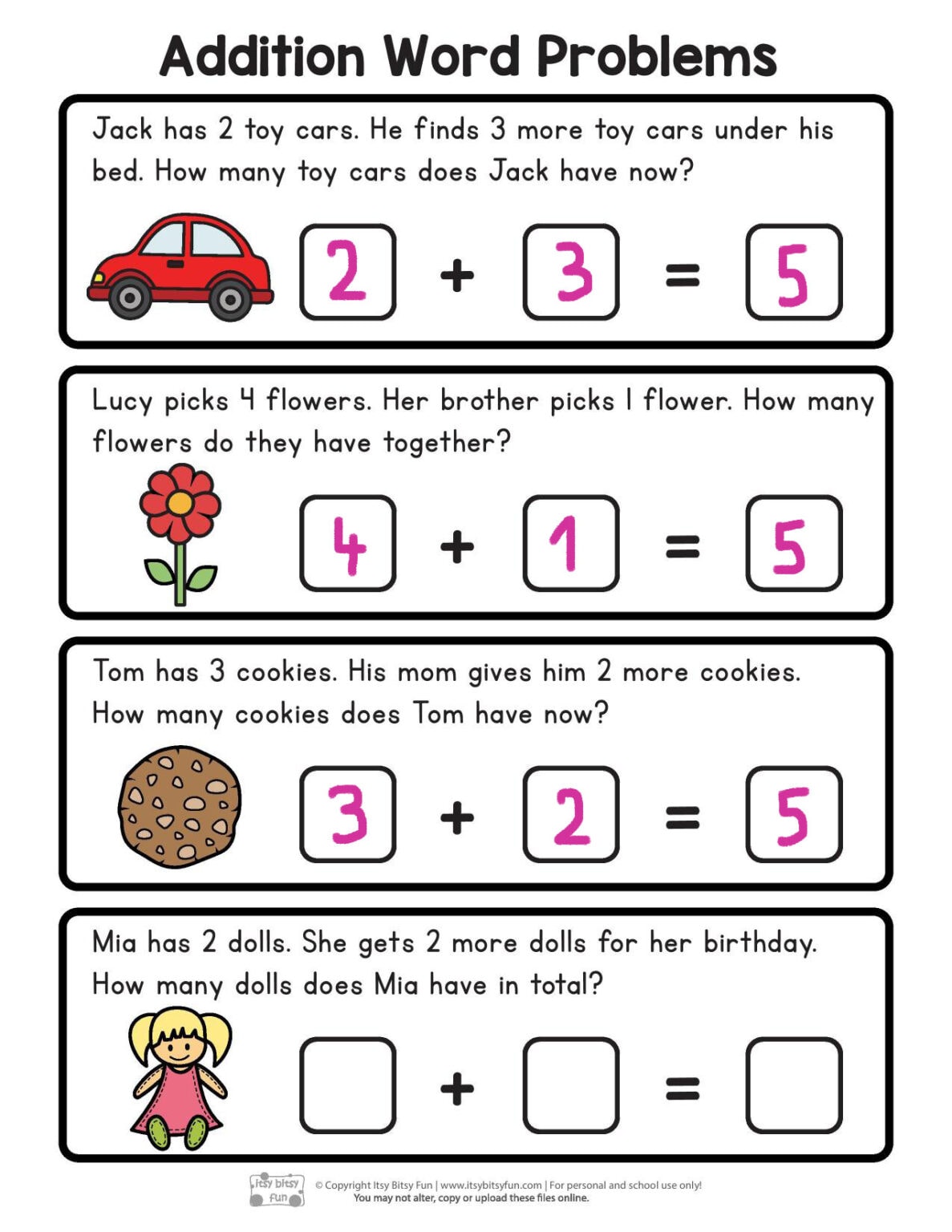 Free Printable Addition Word Problems Worksheets for Kindergarten ...