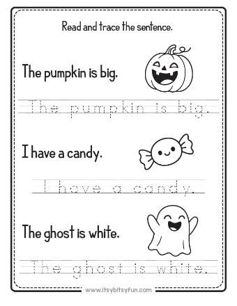 Halloween Tracing Sentence Worksheets for Kindergarten - Itsy Bitsy Fun